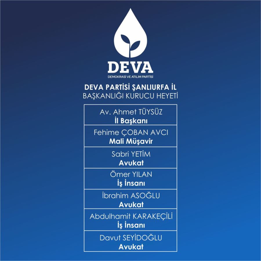 DEVA Partisi Şanlıurfa kurucu il teşkilatı belli oldu. DEVA Partisi Şanlıurfa kurucu il teşkilatı belli oldu.